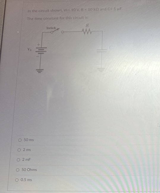 Solved In the circuit shown, Vs=10 V,R=10kΩ and C=5μF The | Chegg.com
