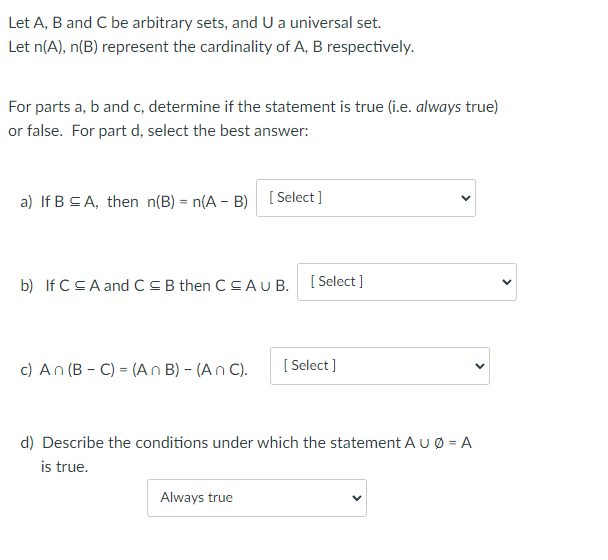 Solved Let A, B and C be arbitrary sets, and U a universal | Chegg.com