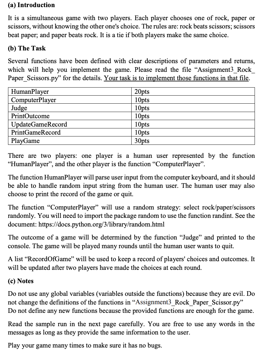 Solved In python 3, please help with developing a rock | Chegg.com
