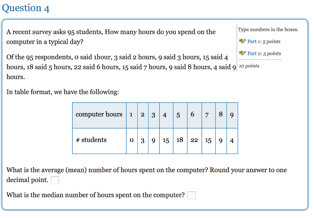 Solved What is the average (mean) number of hours spent on | Chegg.com