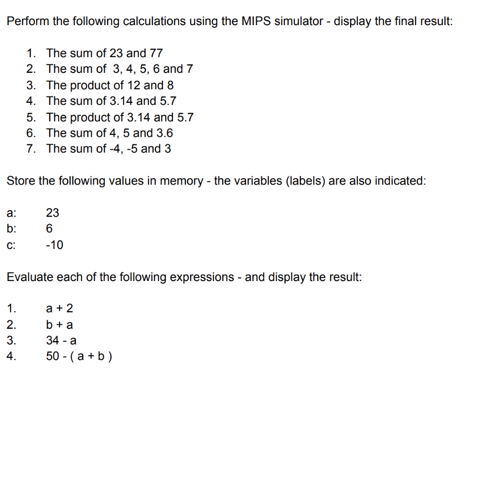 Solved Perform the following calculations using the MIPS | Chegg.com