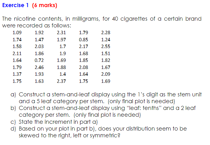 Solved Exercise 1 (6 marks) The nicotine contents, in | Chegg.com Solved Exercise 1 (6 marks) The nicotine contents, in | Chegg.com