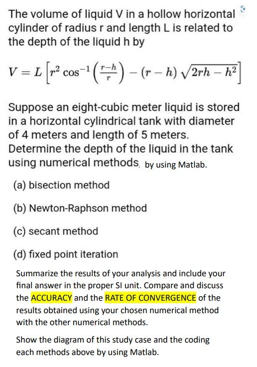 Solved The volume of liquid V in a hollow horizontal | Chegg.com