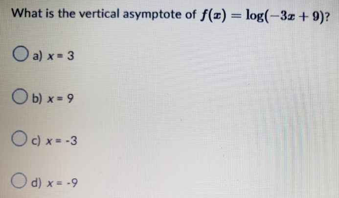 Solved What is the vertical asymptote of f(x)=log(−3x+9) ? | Chegg.com