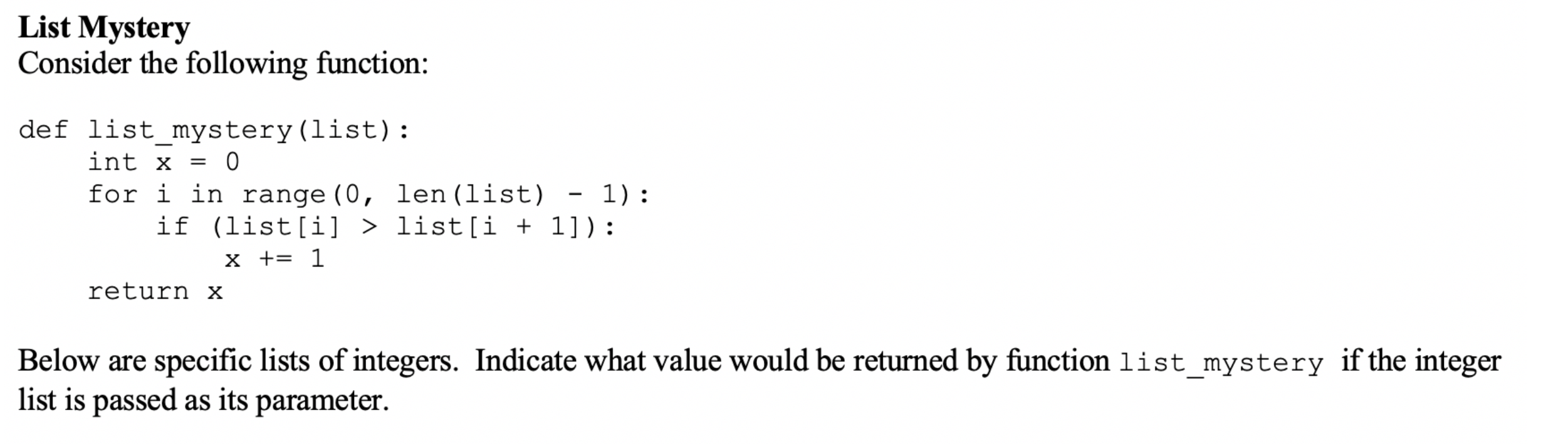 Solved List Mystery Consider the following function: def | Chegg.com