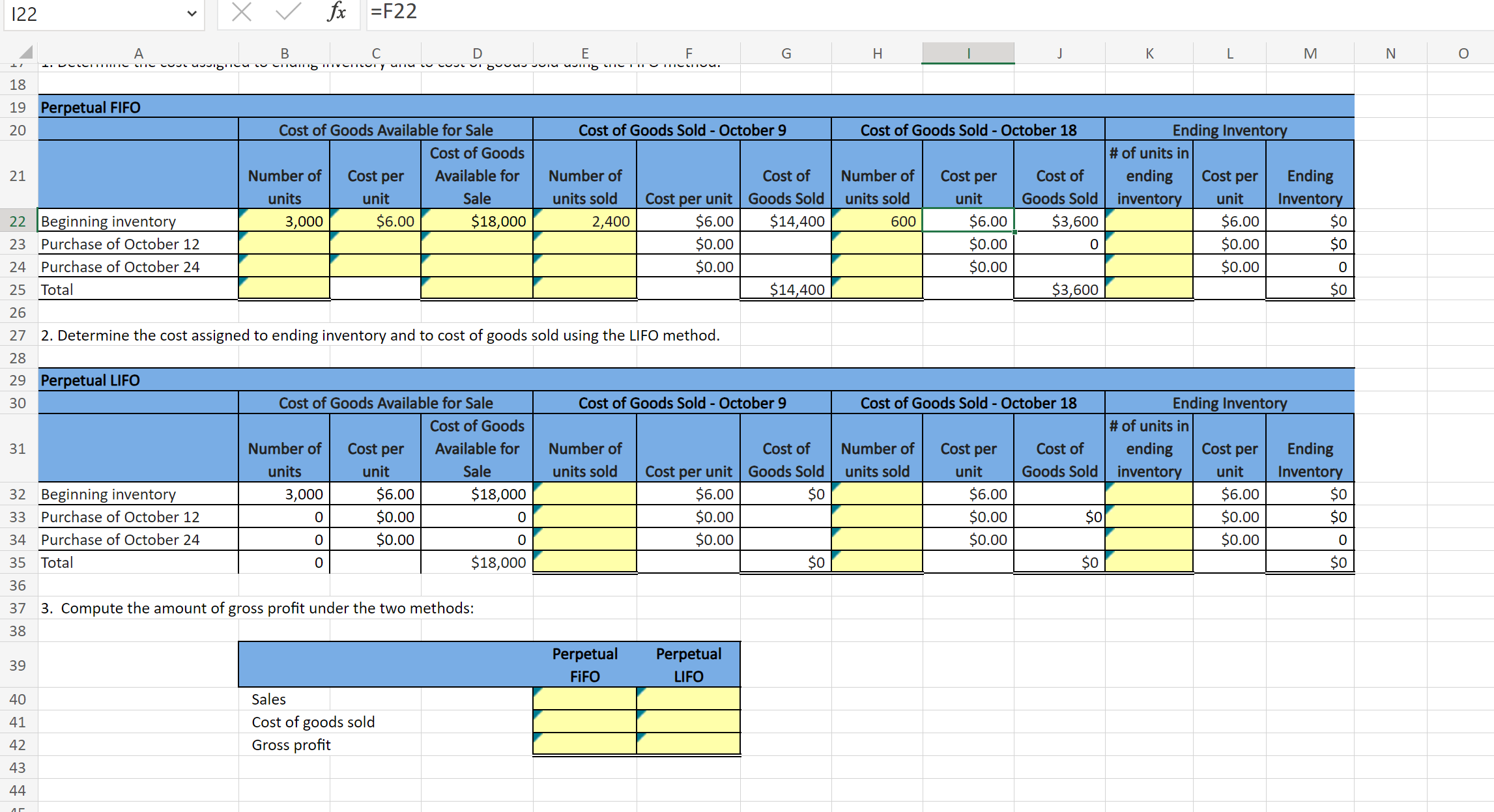 USE EXCELL FORMULA!!!! (fill in yellow cells) | Chegg.com