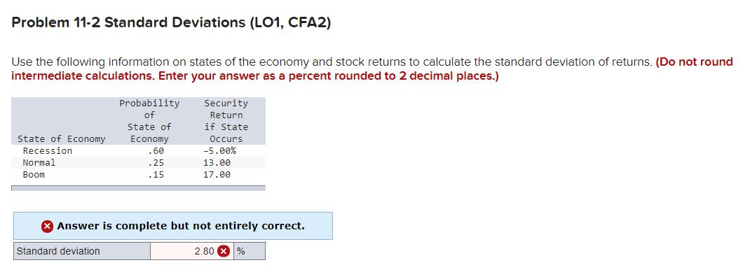 Solved Problem 11-2 Standard Deviations (LO1, CFA2) Use the | Chegg.com