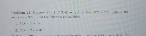 Solved Problem 23. Suppose X = {1,2,3,4} and f(1) = 15%, | Chegg.com