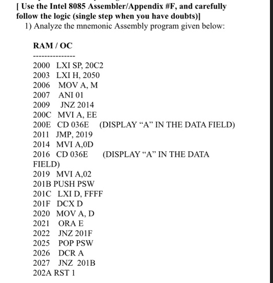 [ Use the Intel 8085 Assembler/Appendix \#F, and | Chegg.com