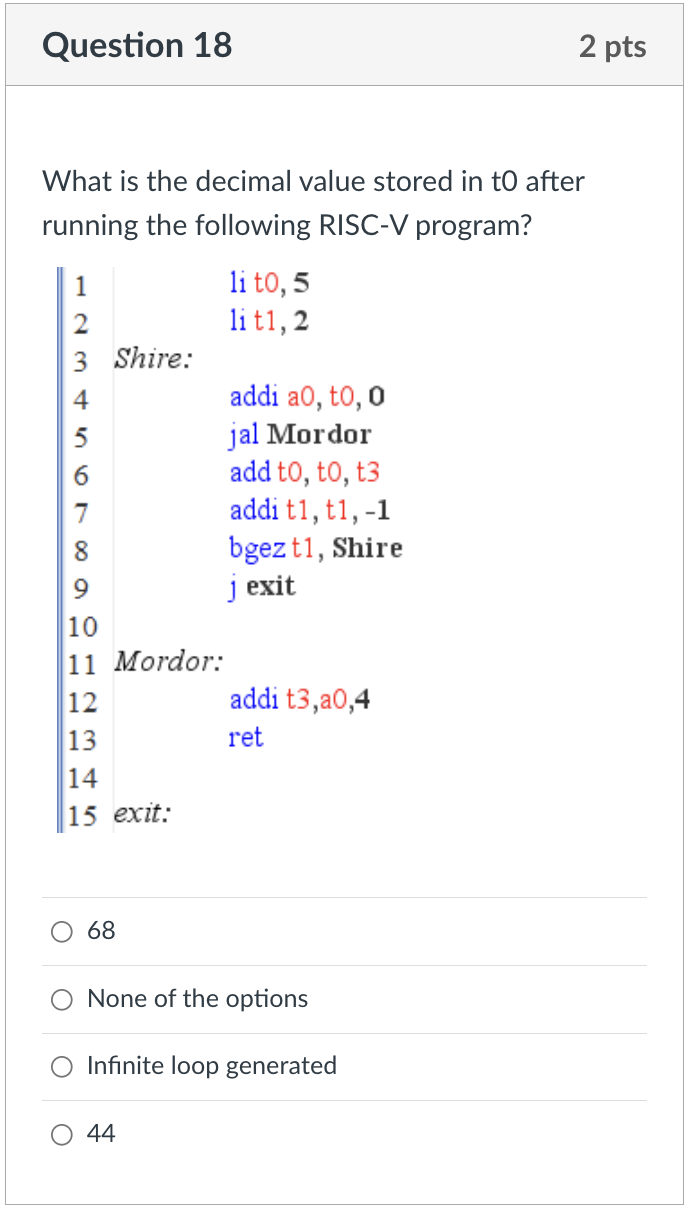 Solved What is the decimal value stored in t0 after running | Chegg.com