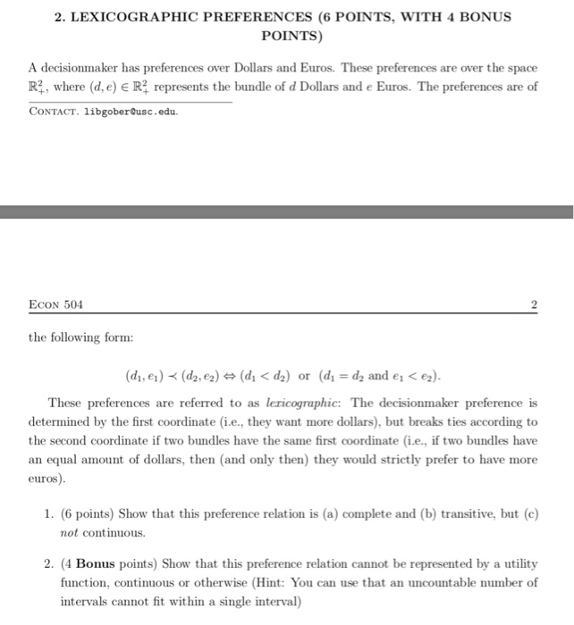 Solved 2. LEXICOGRAPHIC PREFERENCES (6 POINTS, WITH 4 BONUS | Chegg.com