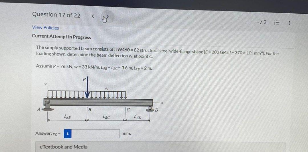 Solved The simply supported beam consists of a W460 ×82 | Chegg.com