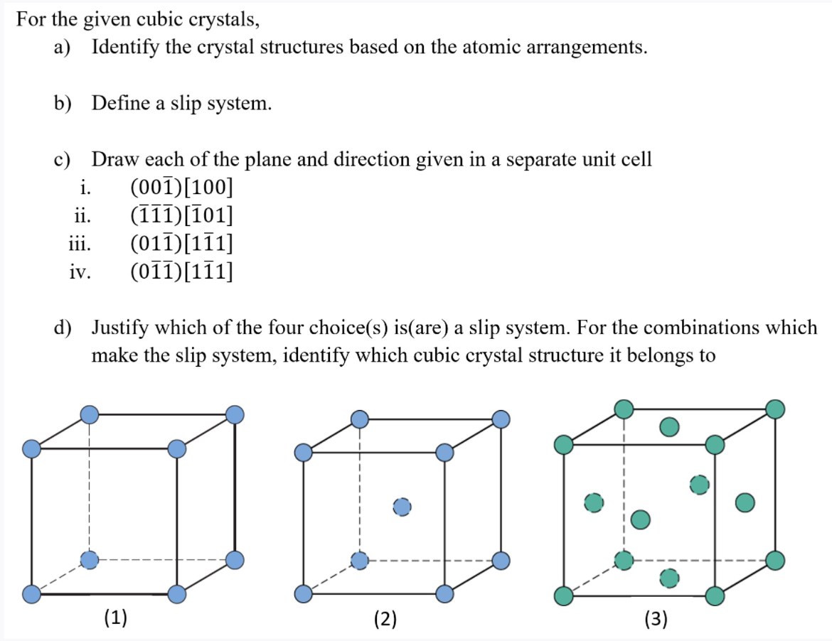Solved For the given cubic crystals, a) Identify the crystal | Chegg.com