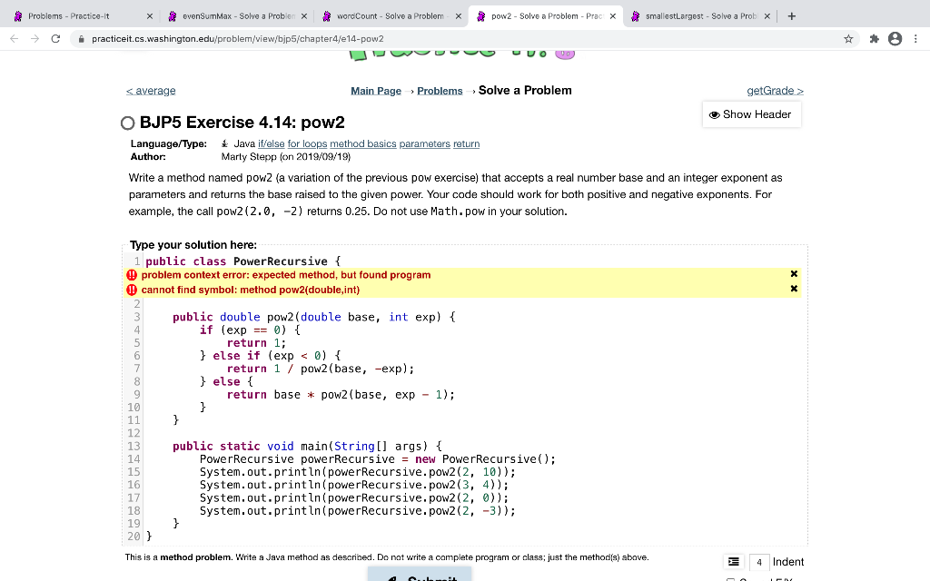 Solved Problems - Practice-it evenSumMax-Solve a problet X | Chegg.com