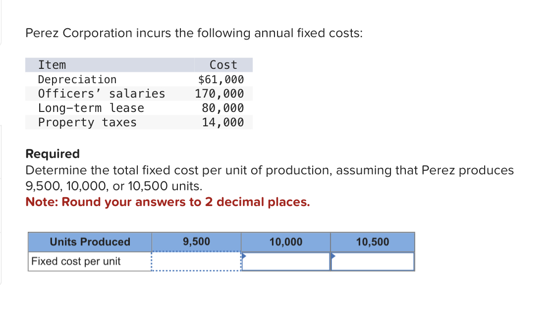 Solved Perez Corporation incurs the following annual fixed | Chegg.com