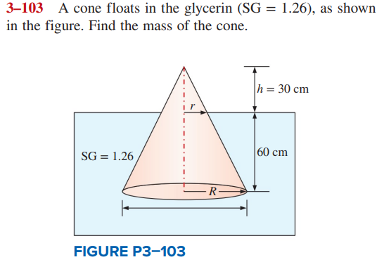 Solved 3-103 A cone floats in the glycerin (SG=1.26), as | Chegg.com