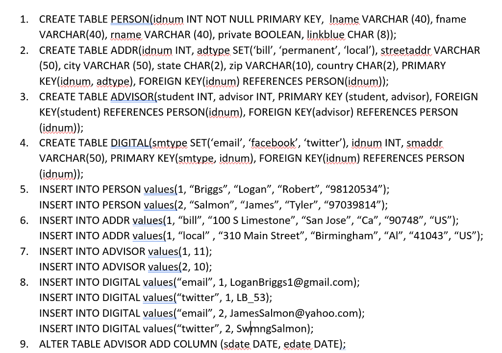Solved PERSON: Iname, fname, rname, idnum, private, linkblue | Chegg.com