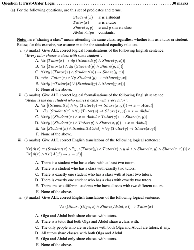 Solved Question 1: First-Order Logic... 30 marks (a) For the | Chegg.com