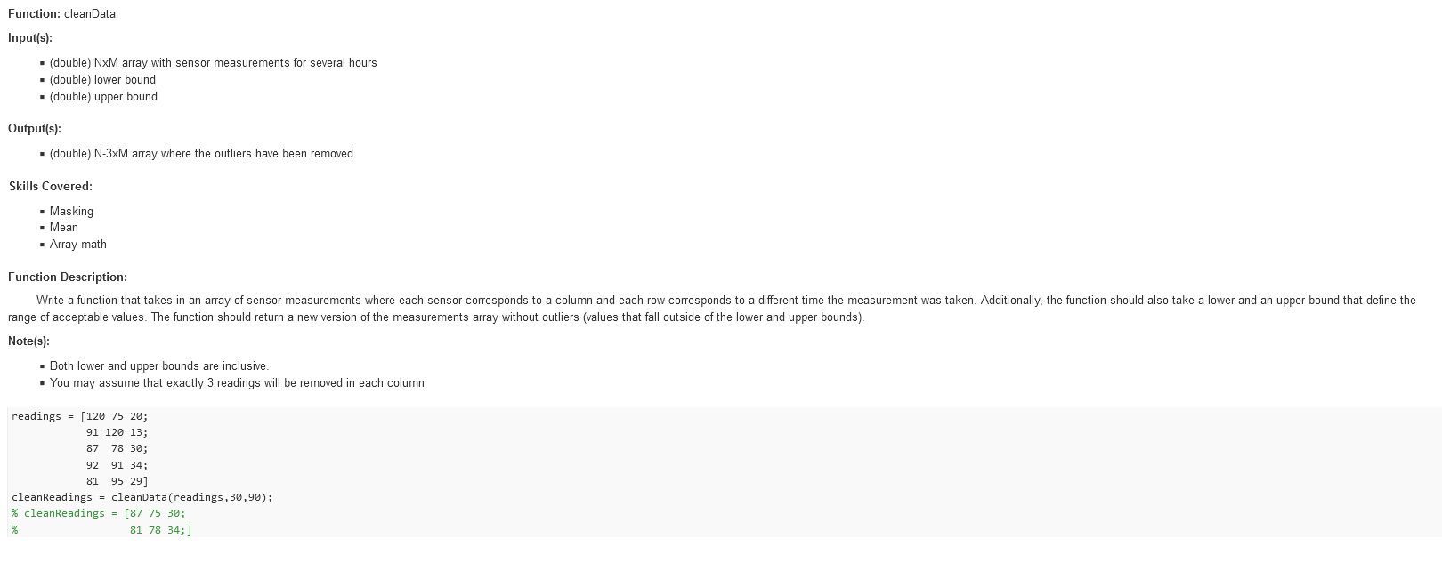 Function: cleanData Input(s): • (double) NxM array | Chegg.com