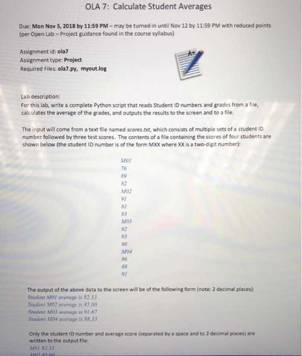 Solved OLA 7: Calculate Student Averages Due: Mon Nov 5, | Chegg.com