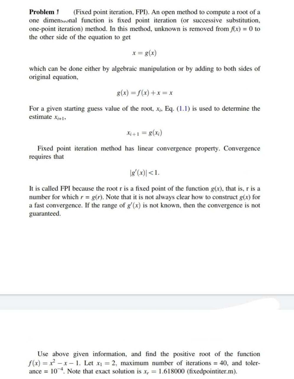 Solved Problem 1 (Fixed point iteration, FPI). An open | Chegg.com