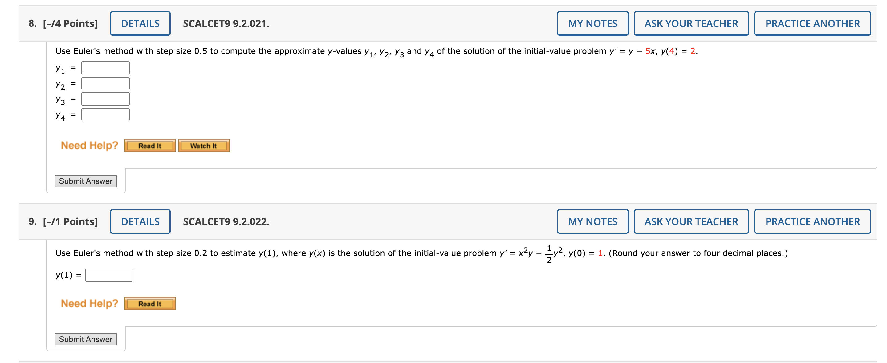 Solved /4 Points] SCALCET9 9.2.021. Use Euler's method with | Chegg.com