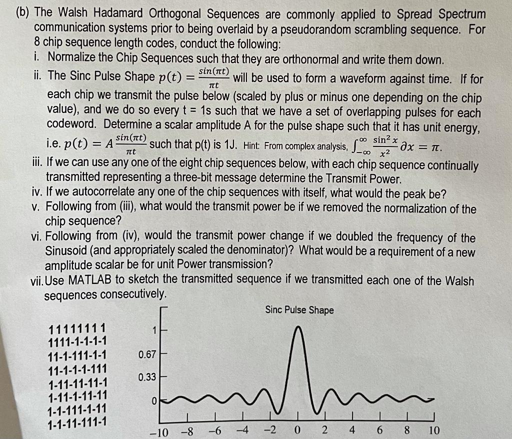 b.) the walsh Hadamard orthagonal sequences are | Chegg.com