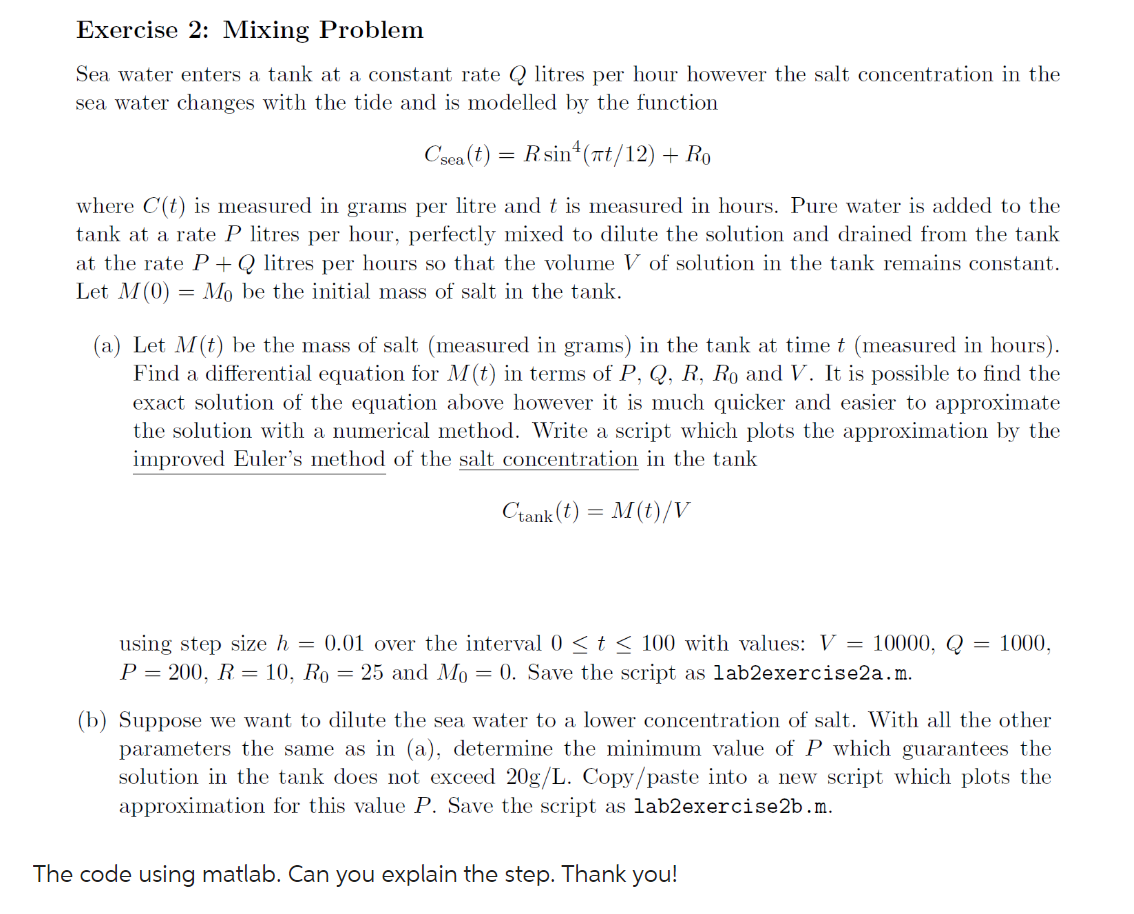 Exercise 2: Mixing Problem Sea water enters a tank at | Chegg.com