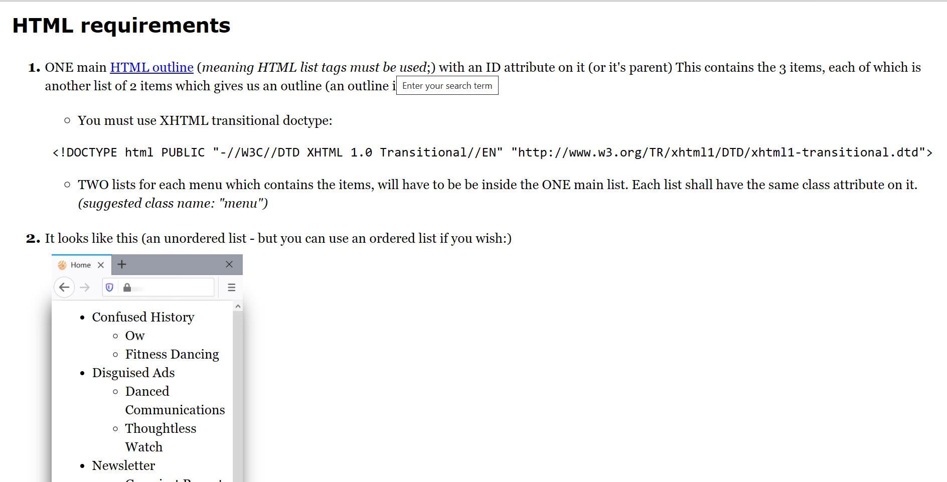 Solved HTML requirements 1. ONE main HTML outline (meaning | Chegg.com