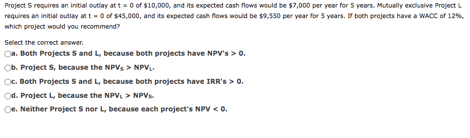 Solved Project S requires an initial outlay at t=0 of | Chegg.com