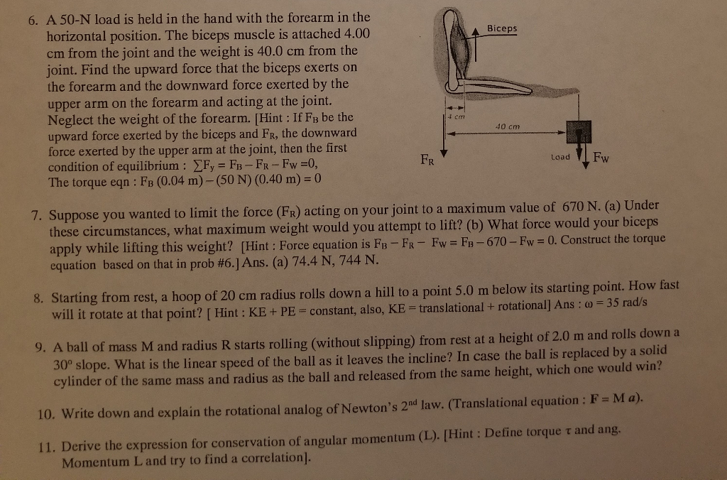 Solved 6. A 50-N load is held in the hand with the forearm | Chegg.com