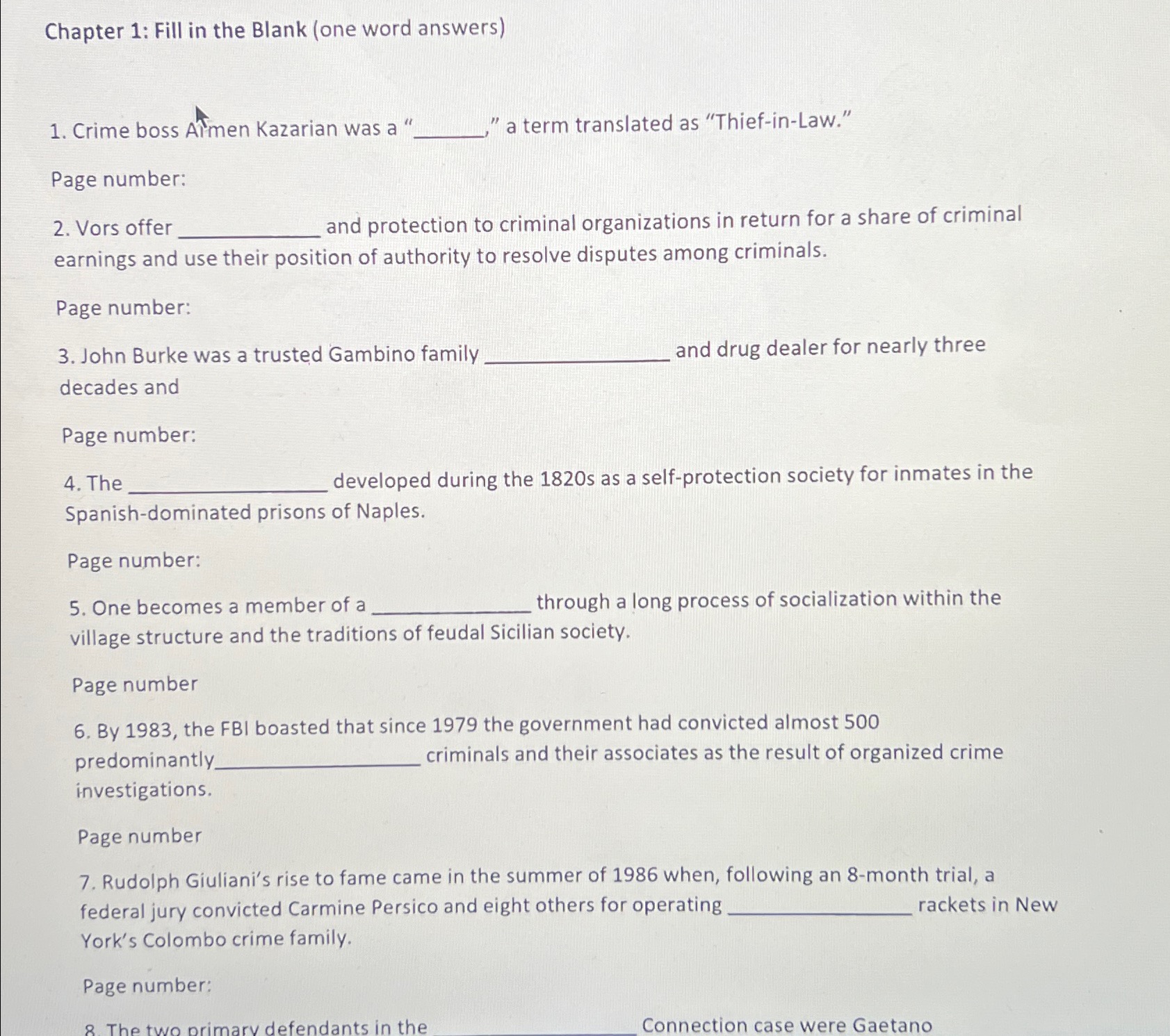 Solved Chapter 1: Fill in the Blank (one word answers)Crime | Chegg.com