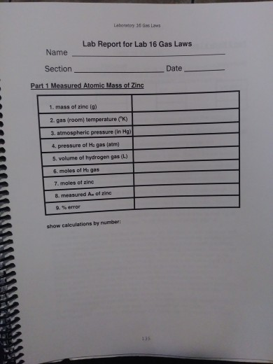 Laboratory 16 Gas Laws Lab Report for Lab 16 Gas Laws | Chegg.com