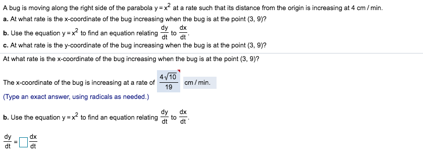Solved A bug is moving along the right side of the parabola | Chegg.com