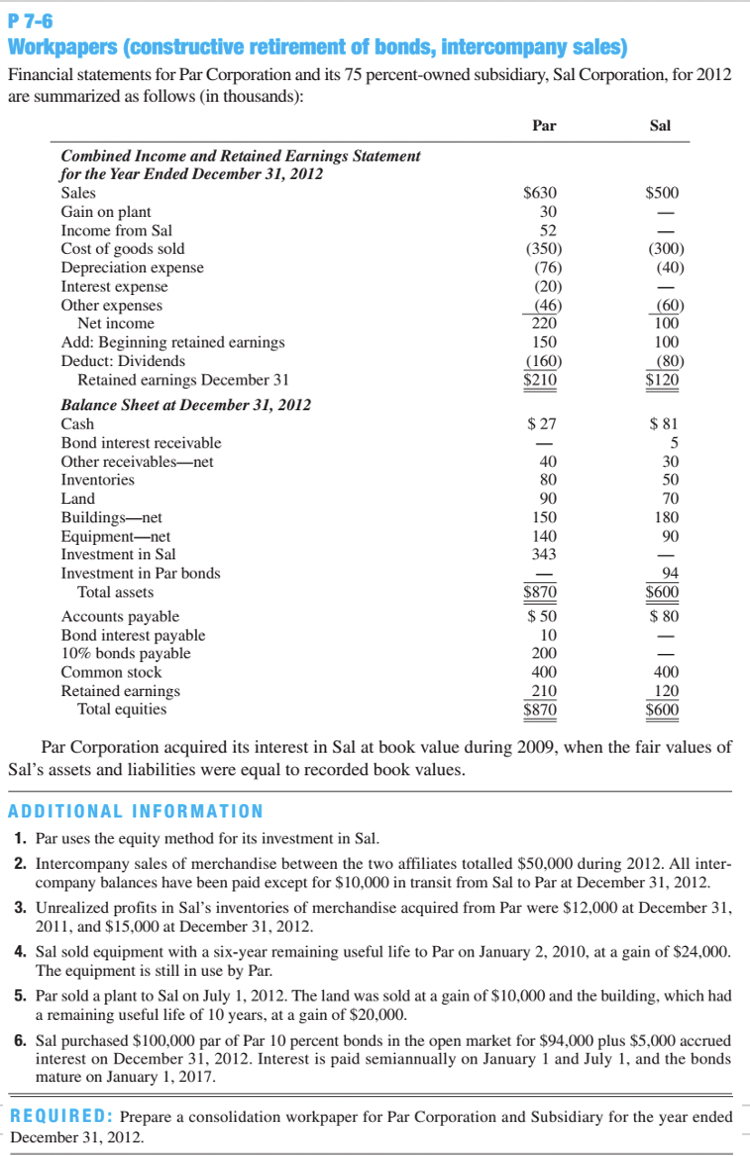 Solved P 7-6 Workpapers (constructive retirement of bonds, | Chegg.com