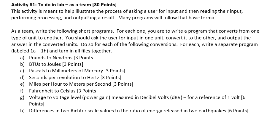 Solved Activity #1: To do in lab - as a team (30 Points] | Chegg.com