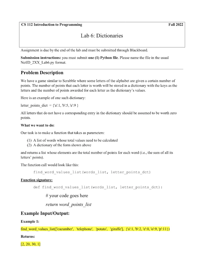 Solved Lab 6: Dictionaries Assignment is due by the end of | Chegg.com