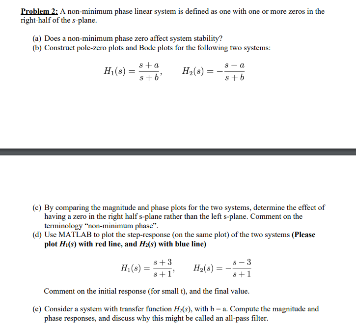 Solved Problem 2: A non-minimum phase linear system is | Chegg.com