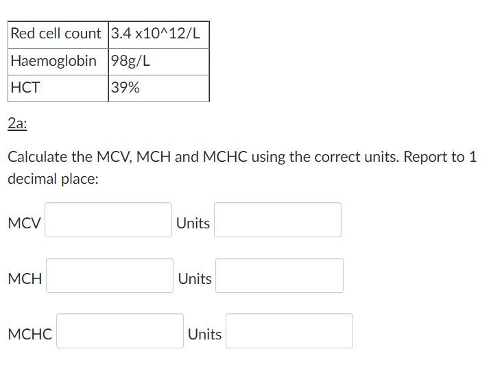 Solved Red cell count 3.4 x10^12/L Haemoglobin 98g/L HCT 39% | Chegg.com
