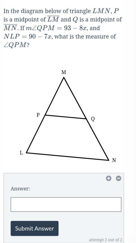Solved In the diagram below of triangle LMN, P is a midpoint | Chegg.com