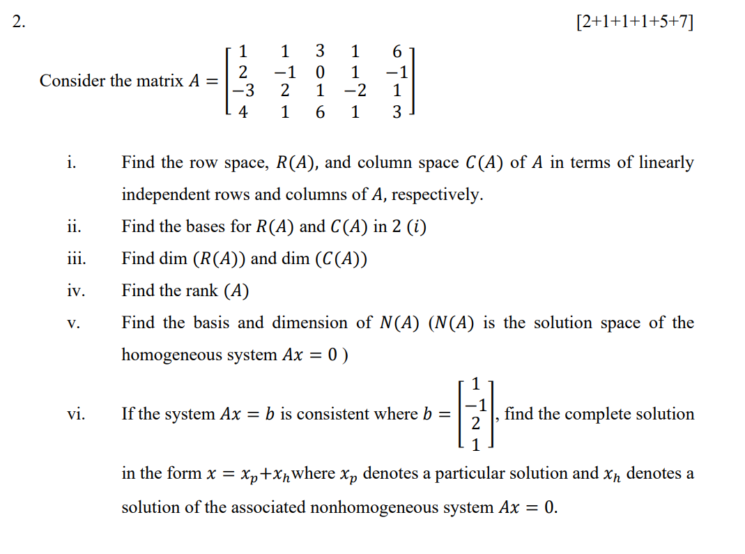 Solved 2. [2+1+1+1+5+7] -1 Consider the matrix A = ܝܕ ܢ ܝ ܠܓ | Chegg.com