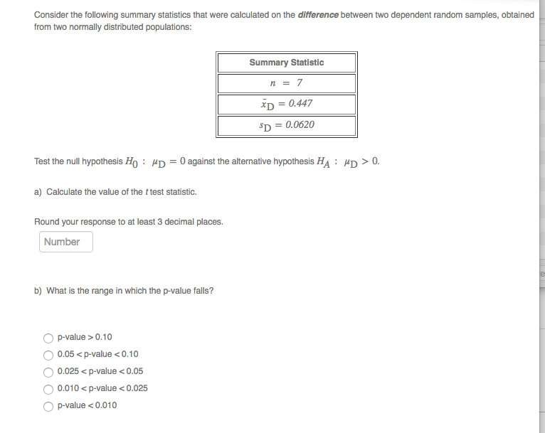 Solved Consider the following summary statistics that were | Chegg.com