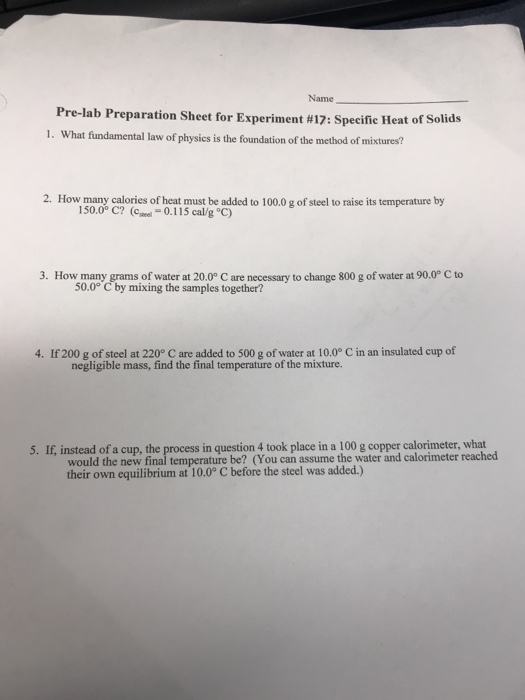Solved Name Pre-lab Preparation Sheet for Experiment #17: | Chegg.com