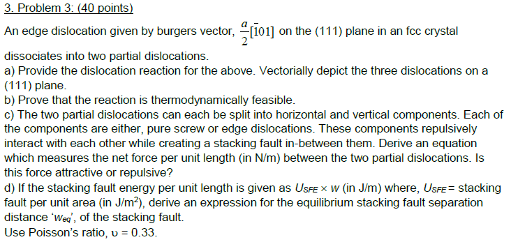 Solved 3. Problem 3: (40 points An edge dislocation given by | Chegg.com