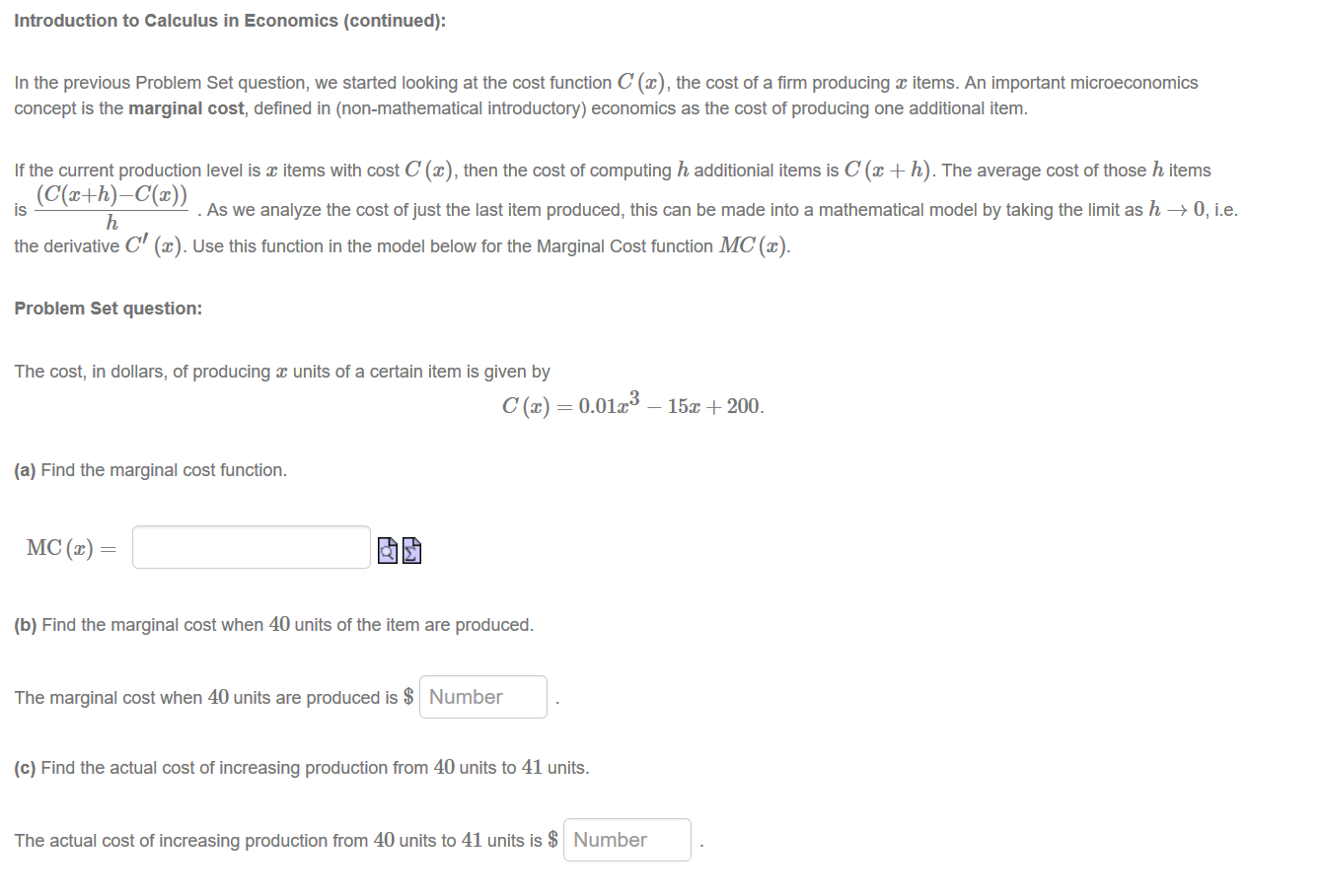 Solved The cost, in dollars, of producing x units of a | Chegg.com