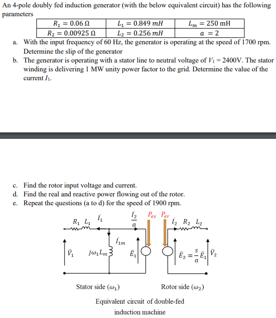 Solved An 4-pole doubly fed induction generator (with the | Chegg.com
