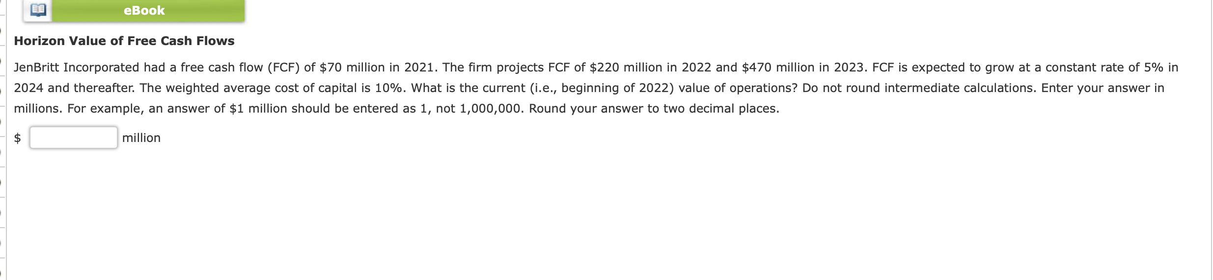 Solved eBook Horizon Value of Free Cash Flows JenBritt | Chegg.com