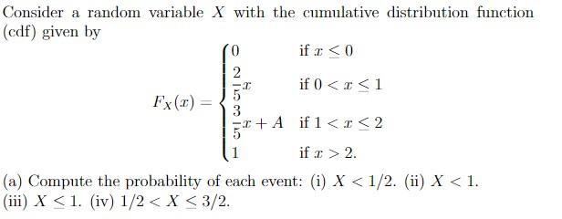 Solved Consider a random variable X with the cumulative | Chegg.com