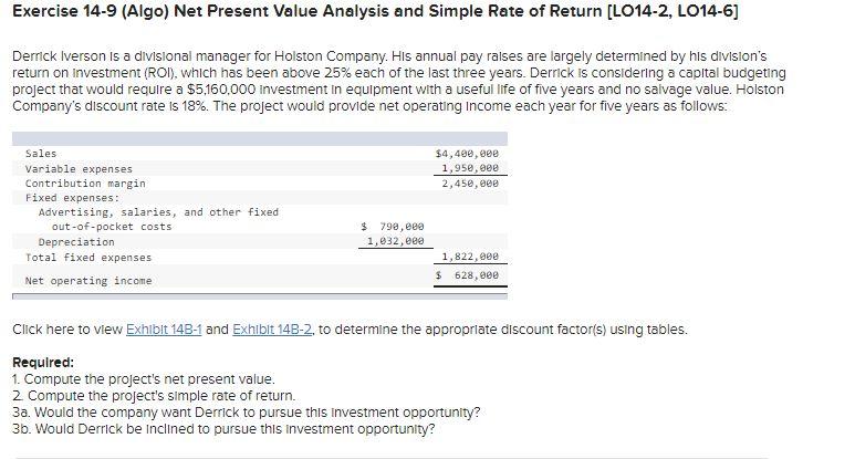 Solved Exercise 14-9 (Algo) Net Present Value Analysis and | Chegg.com