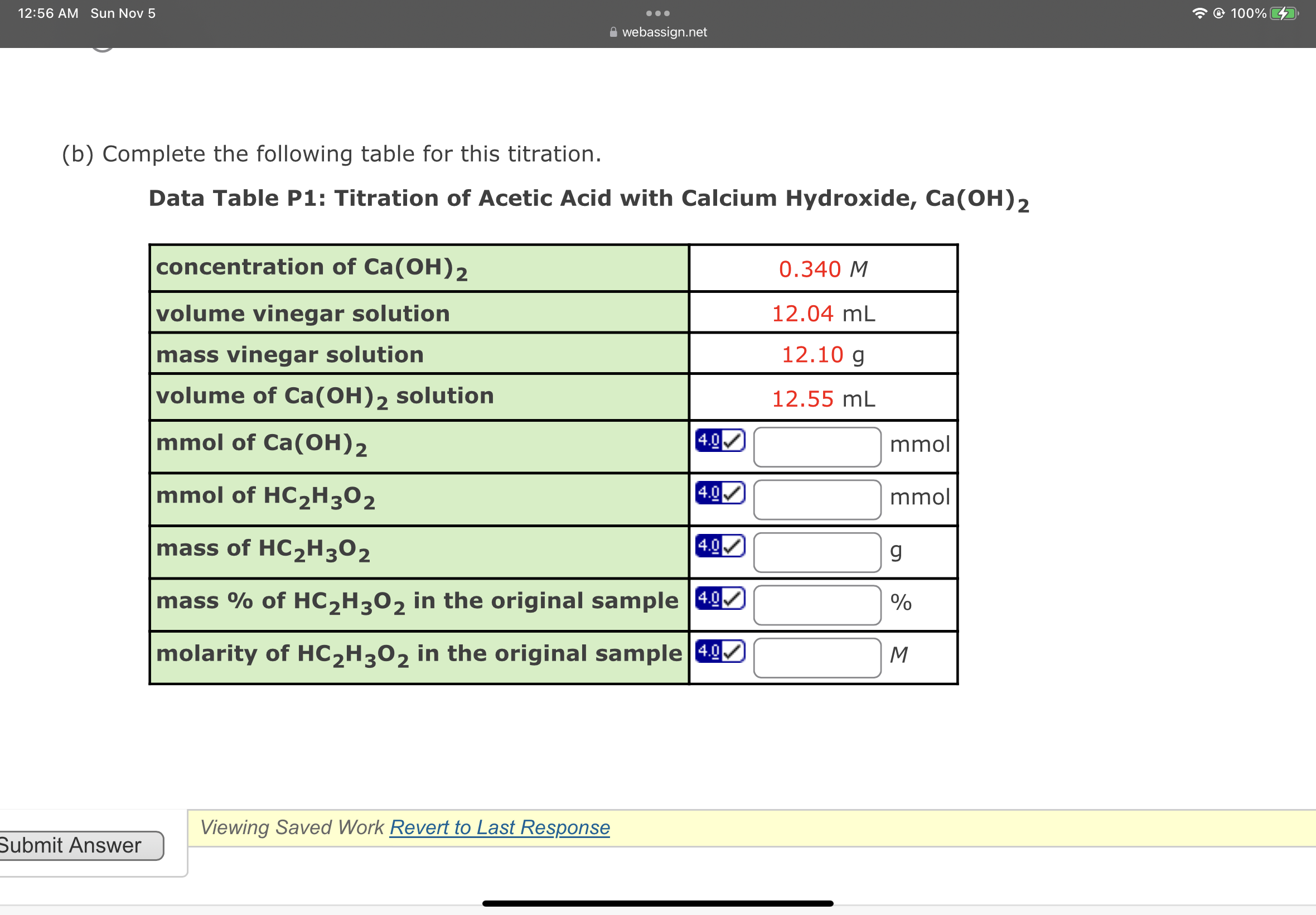 Solved (b) Complete the following table for this titration. | Chegg.com